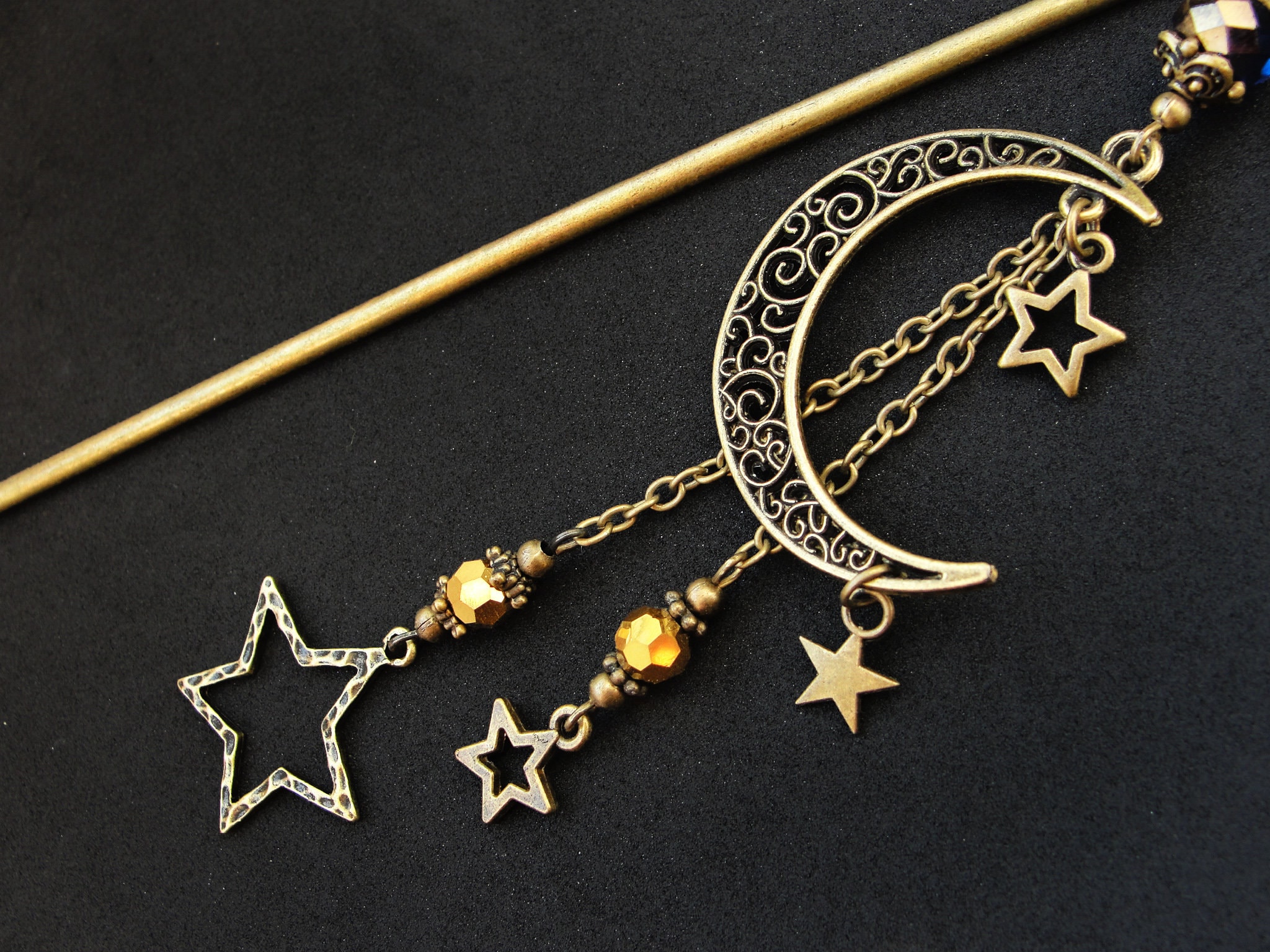 Crescent Moon Hair Stick, Golden Fine Crystals, Dangling Star Charms - Etsy
