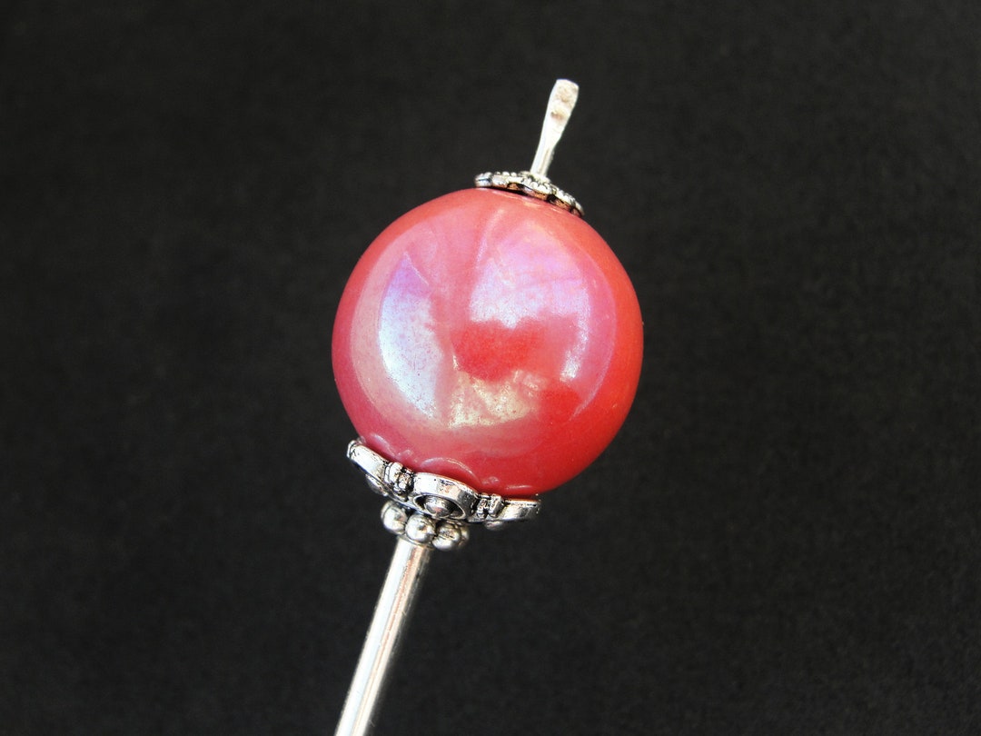 Japanese Tama Kanzashi, Valencia Bright Red Ceramic, Very Thin Hair ...