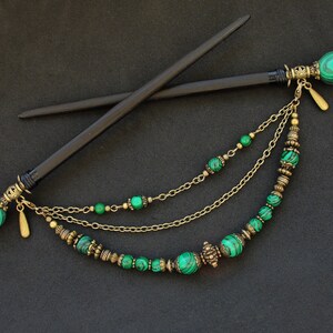 Set of 2 Japanese Wooden Hair Sticks With Malachite, Removable Chain - Etsy