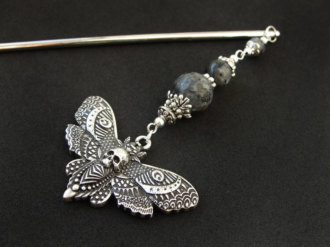 Death Moth Hair Stick, Skull Witch Updo, Gothic Jewelry, Labradorite ...