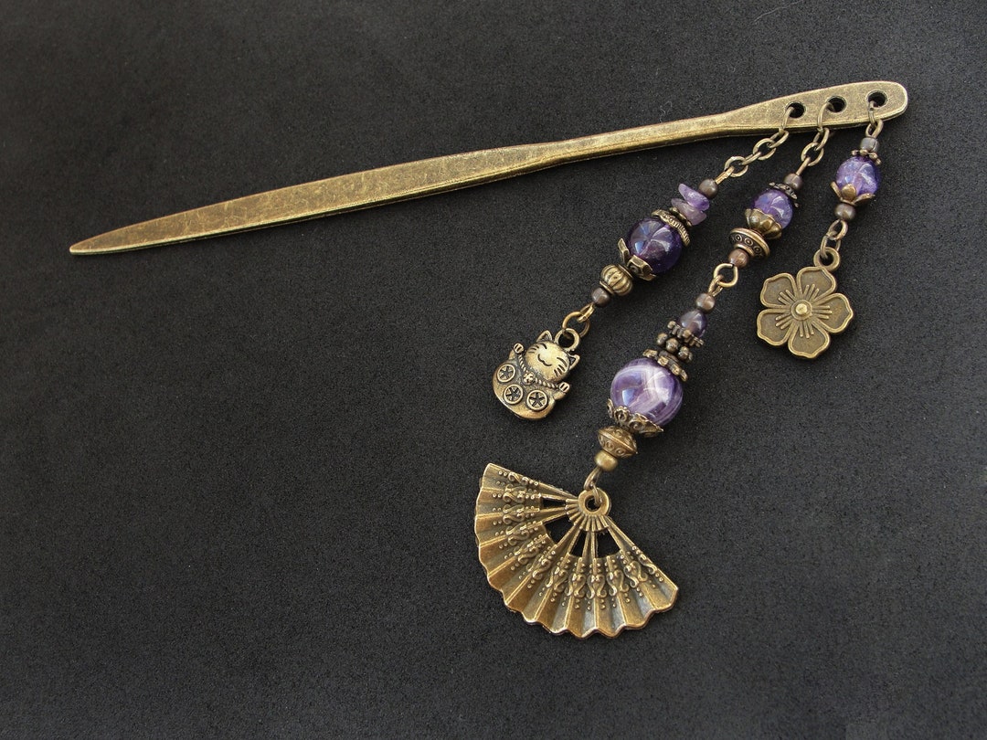 Japanese Style Hair Stick With Amethyst Stone, Maneki Neko and Folding ...