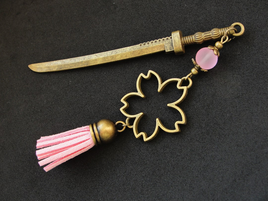 Japanese Hair Stick With Sakura Blossom Charm and Pink Suede Tassel ...