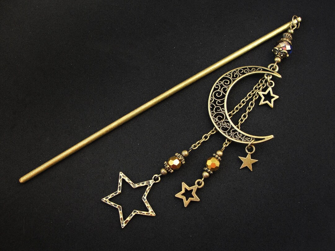 Crescent Moon Hair Stick, Golden Fine Crystals, Dangling Star Charms - Etsy