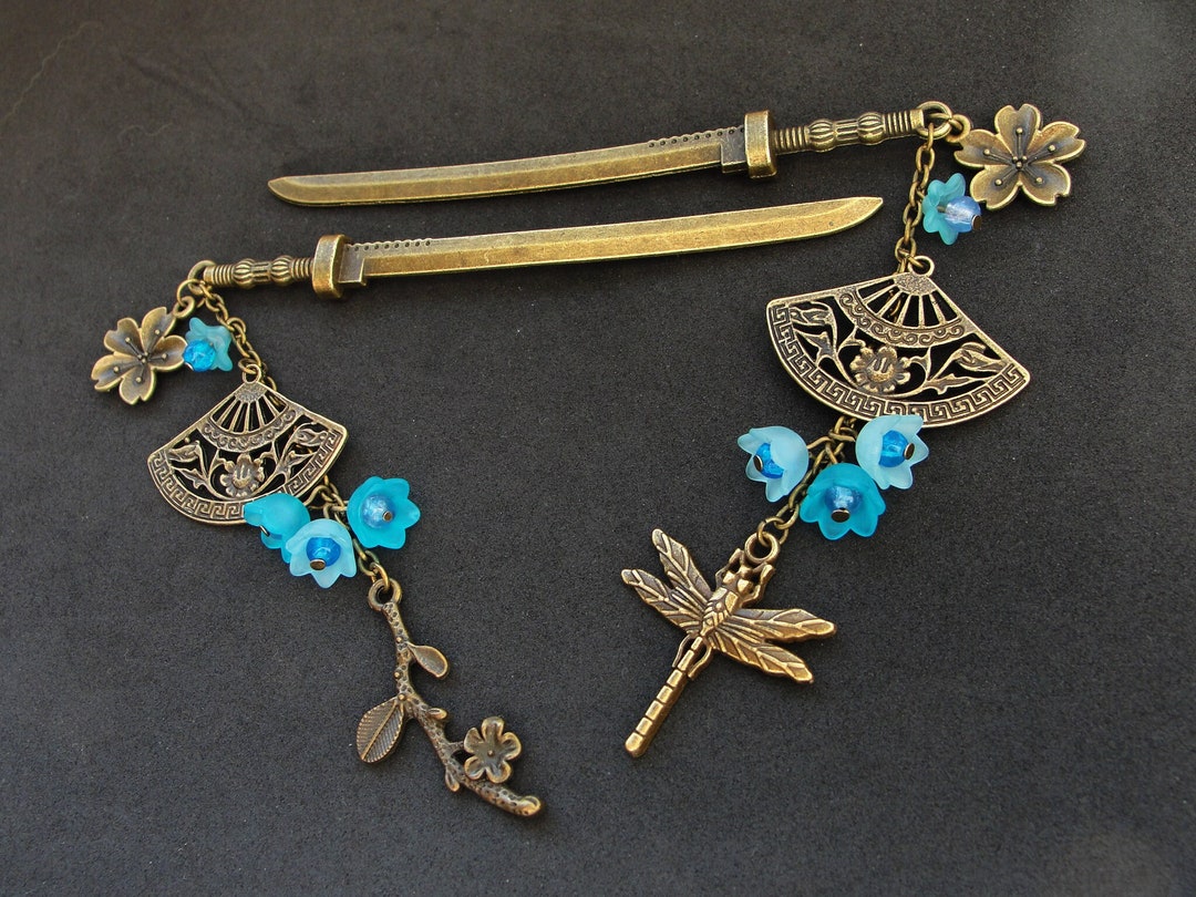 Single or Set Japanese Hair Sticks, Blue Flowers Sakura Kanzashi, Short ...