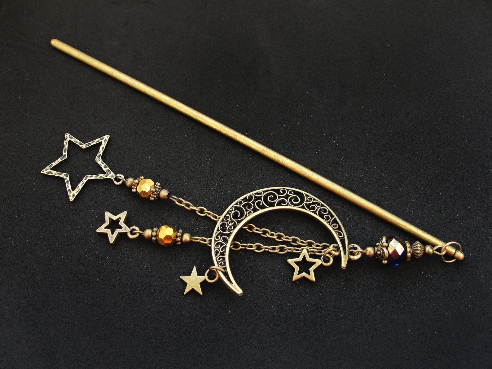 Crescent Moon Hair Stick, Golden Fine Crystals, Dangling Star Charms - Etsy