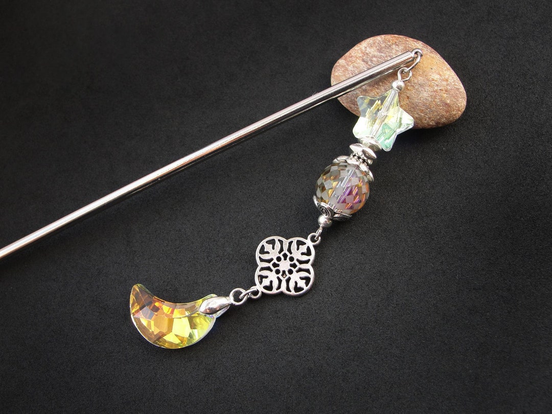 Metal Hair Baton With Crescent Moon Dangle, Fine Crystals, Short or ...