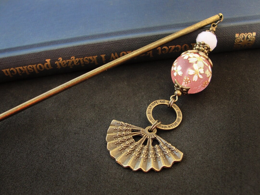 Japanese Hair Stick, Sakura Blossom Print, Pink Tensha Bead, Folding ...