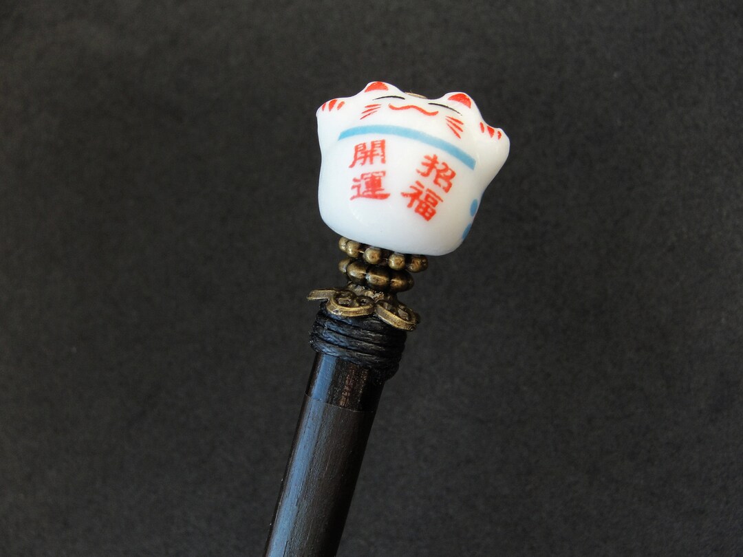 White Maneki Neko Hair Stick, Fortune Cat Chopstick, Japanese Lucky ...