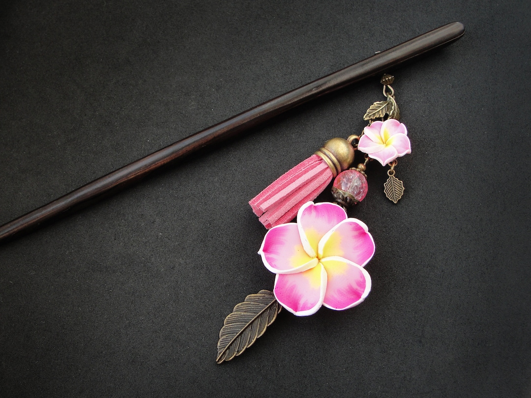 Pink Flower Hair Stick, Black Wooden Chopstick, Floral Bun Holder ...