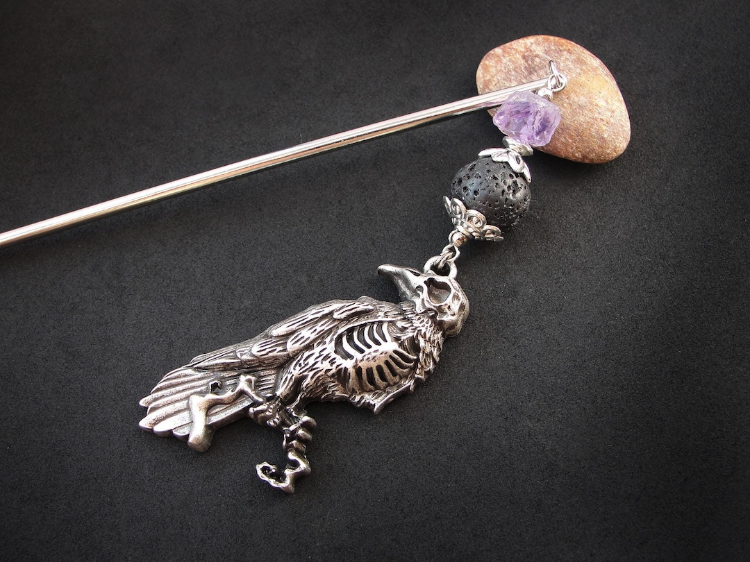 Raven Hair Stick, Death Omen Hairpin, Raw Amethyst and Volcanic Lava - Etsy