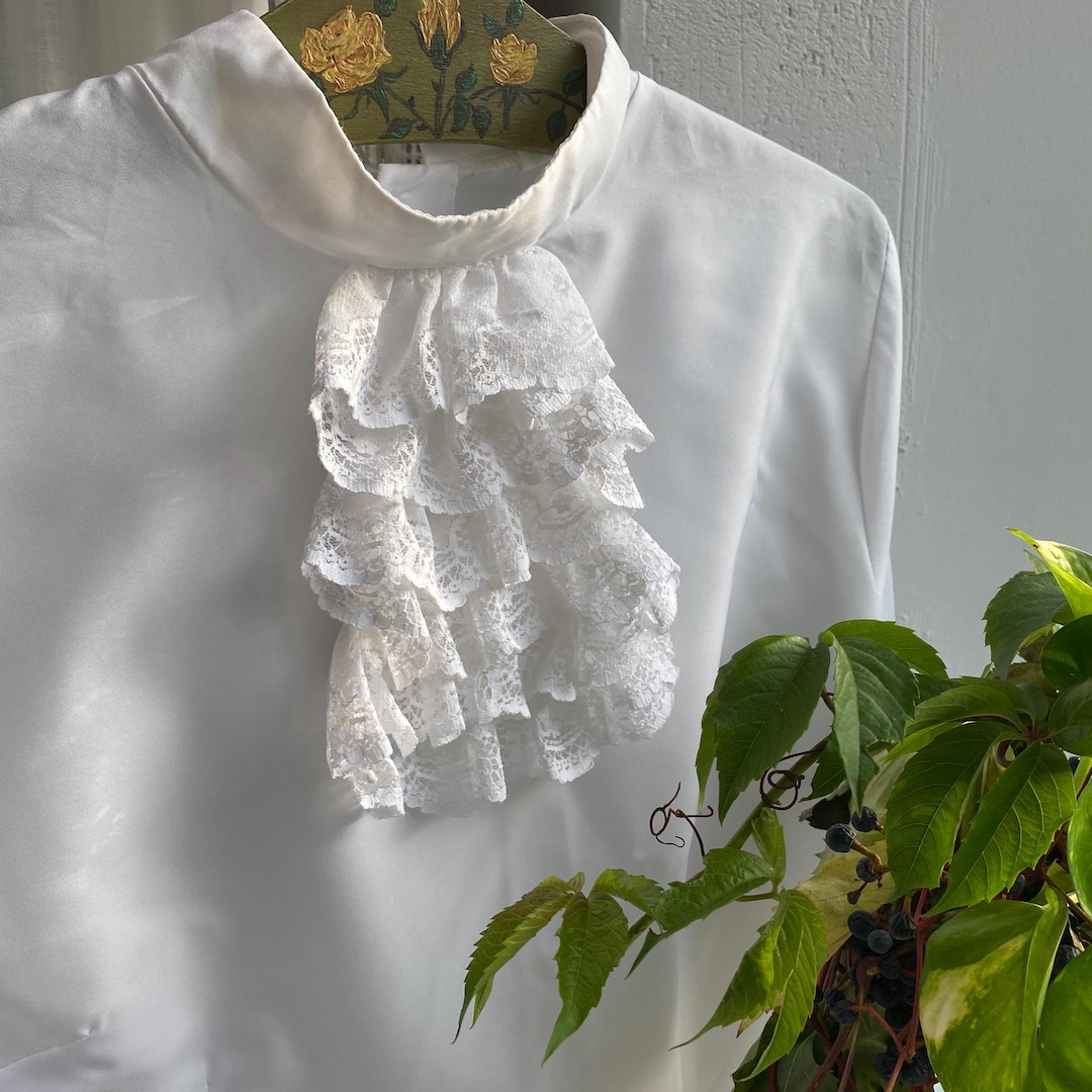 Vintage 70s White Jabot Blouse Long Sleeve Lace Bib Blouse Victorian ...