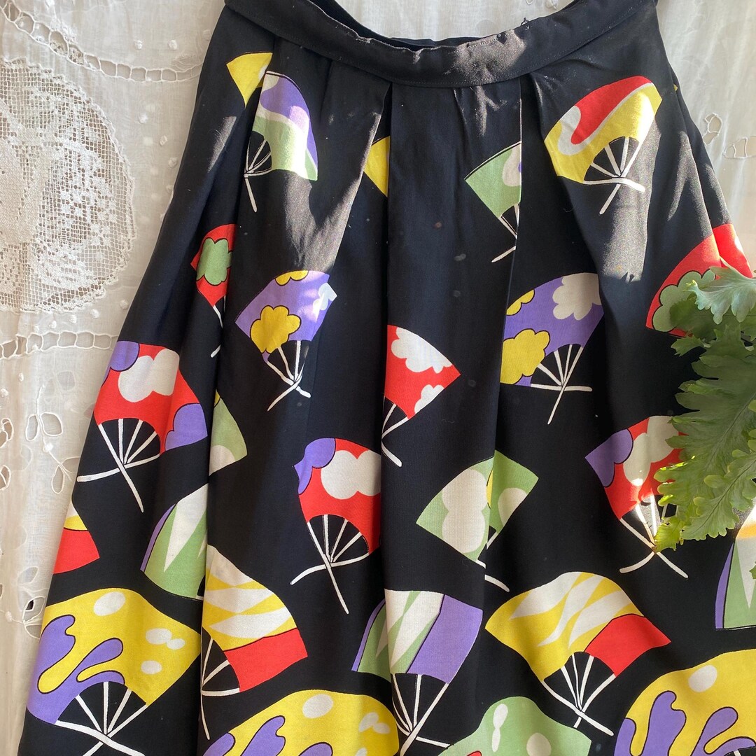 Rare Vintage 40s 50s Skirt With Japanese Fans Print Pleated Black Skirt ...