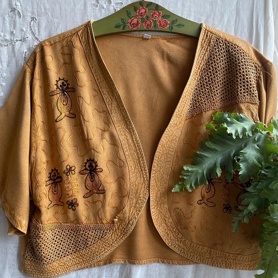 Vintage 90s Sand Embroidered Bolero Short Sleeve Summer Cropped Jacket ...