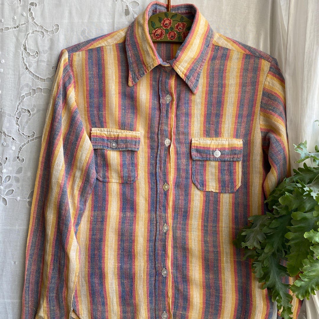 Vintage 70s Yellow Striped Shirt Long Sleeve Dagger Shirt With Pockets ...