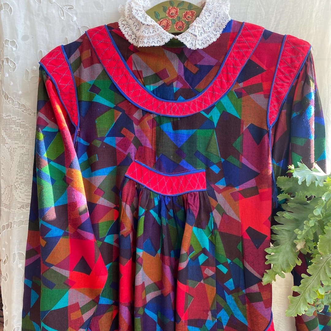 Rare Rene Derhy Vintage 80s Vibrant Geometric Print Dress Boho Tent ...