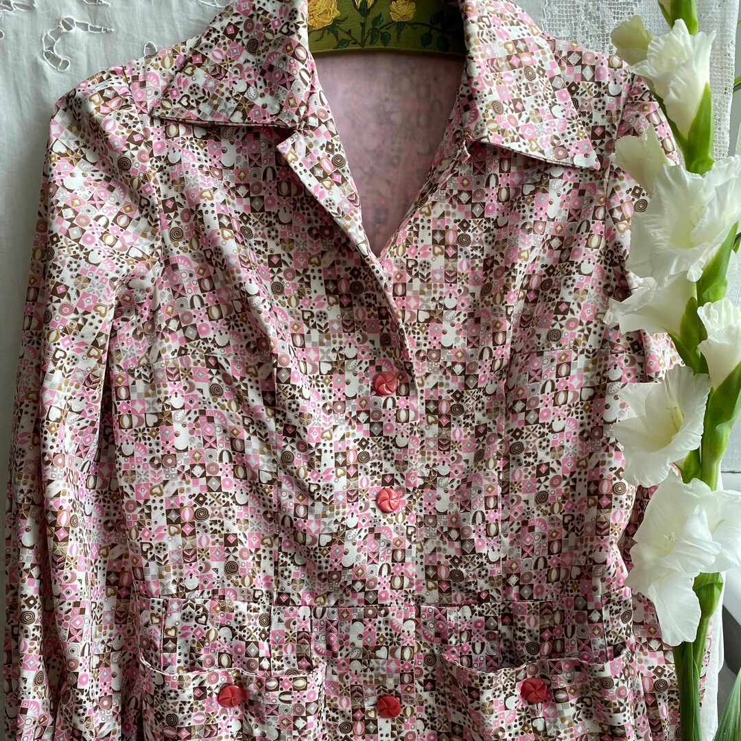 Vintage 70s Pink Fun Print Dress Bishop Sleeve Belted Dress Mod Small ...