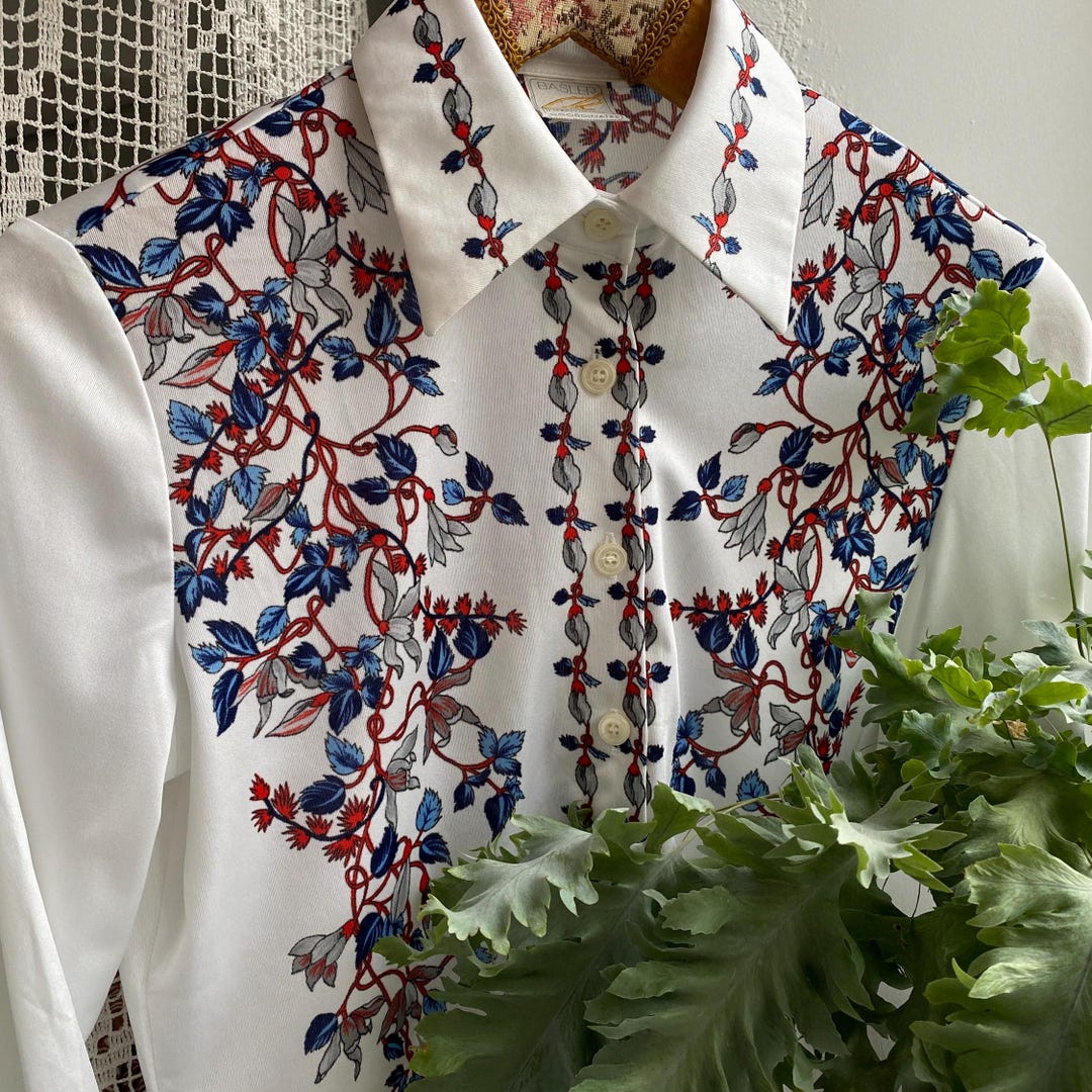 Basler 70s Vintage White Floral Blouse Jersey Blouse With Long Sleeve ...