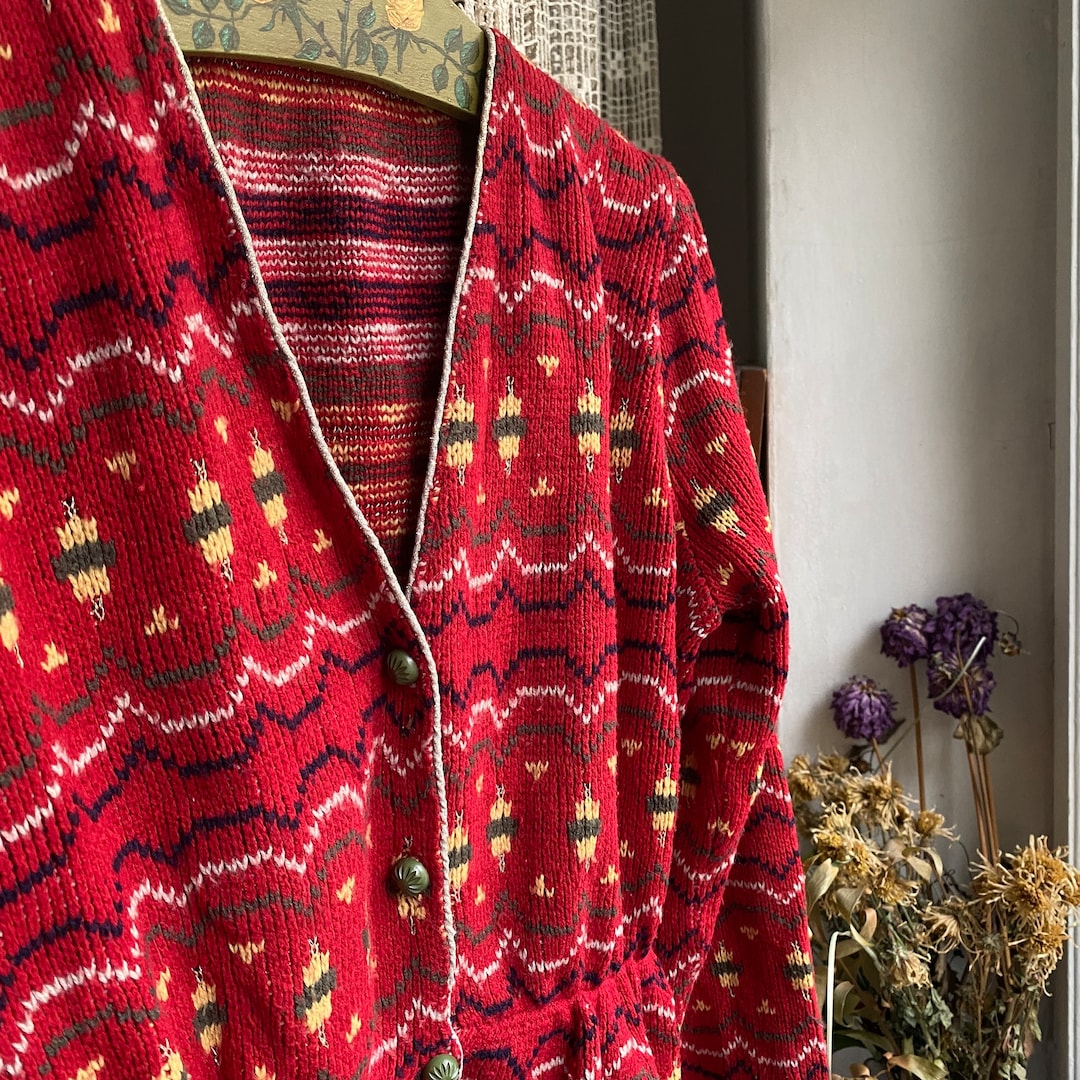 Vintage Cardigan 70s Does 40s Red Cardigan With Geometric Print Long ...