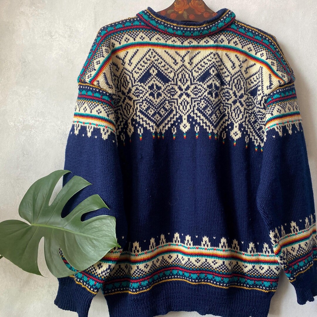 Vintage Blue Knitted Sweater Traditional Pattern Wool Norwegian Sweater ...