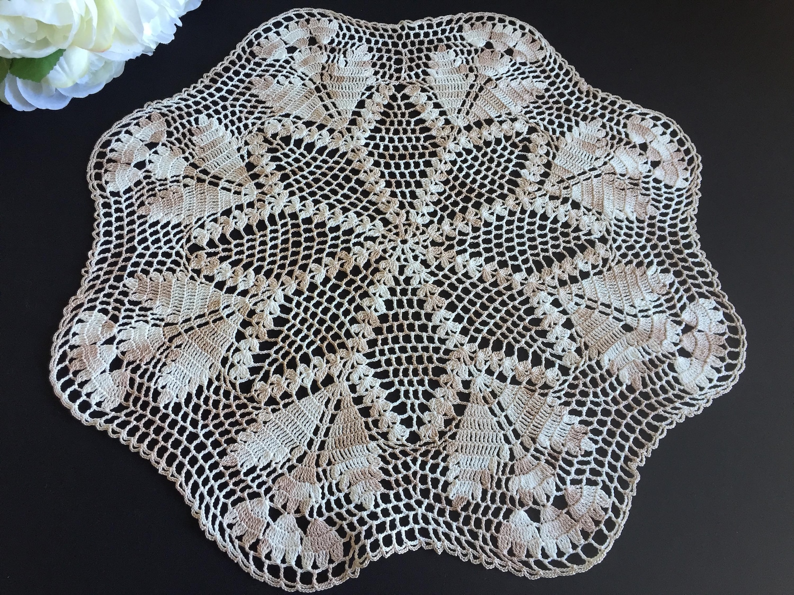Large 17" Crochet Lace Table Centrepiece Doily in Natural Beige and ...