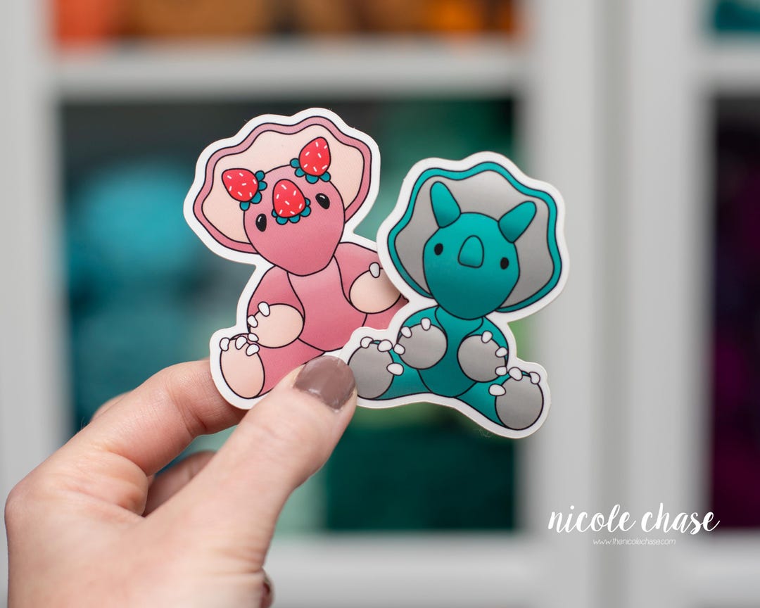 Tanner the Triceratops Sticker Set of 2, Strawberry Tanner, Dinosaur ...