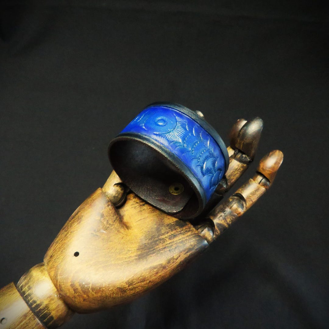 Handmade Tooled Leather Bracelet, Black Blue Cuff With Snap Closure ...