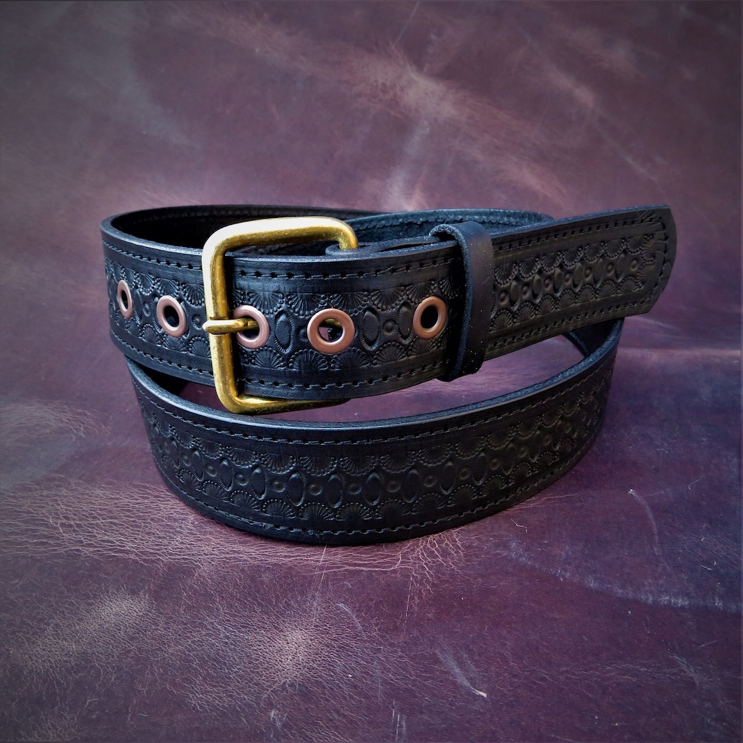 Handmade Tooled Leather Belt | Black Vegetable Tanned, Brass Buckle ...