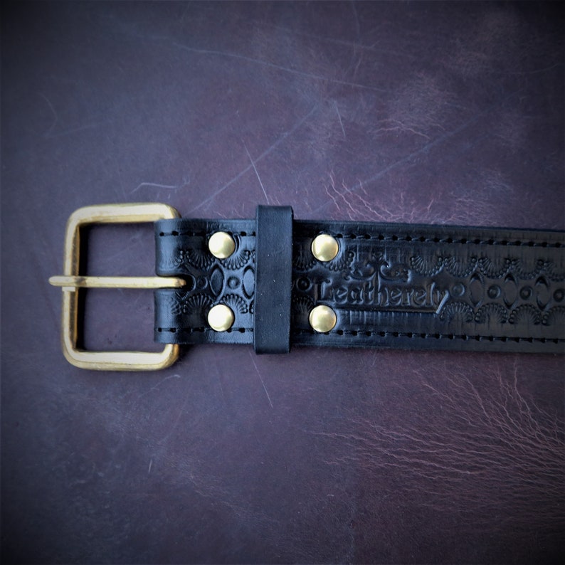 Handmade Tooled Leather Belt | Black Vegetable Tanned, Brass Buckle ...