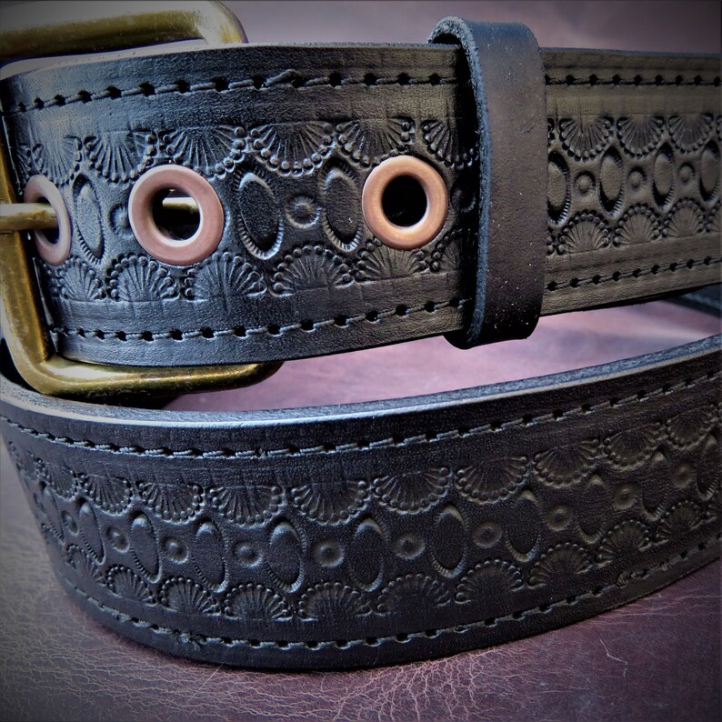 Handmade Tooled Leather Belt | Black Vegetable Tanned, Brass Buckle ...
