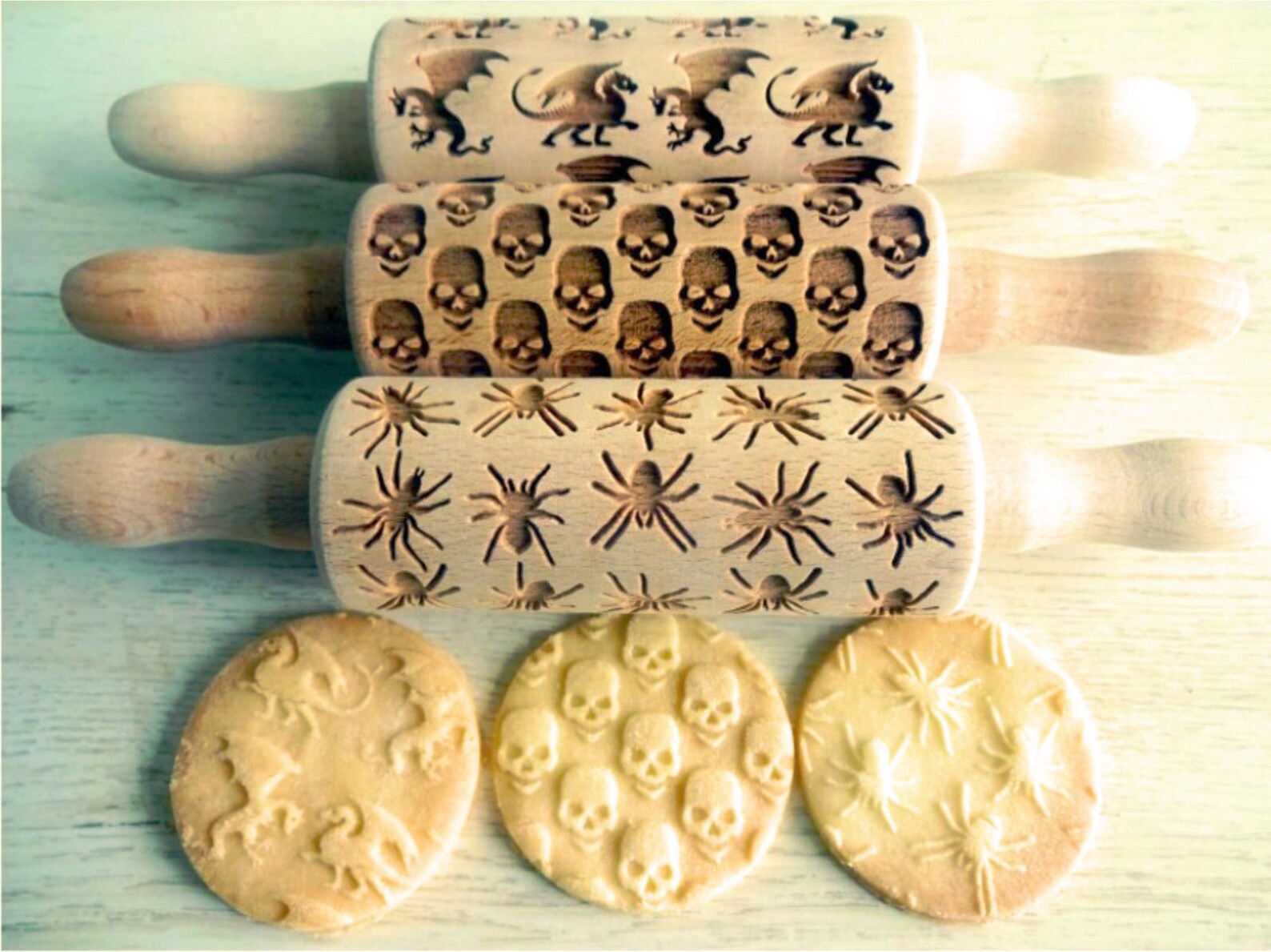 Creepy Mini Embossed Rolling Pin Set, Skulls, Dragons, Spiders. Kid ...