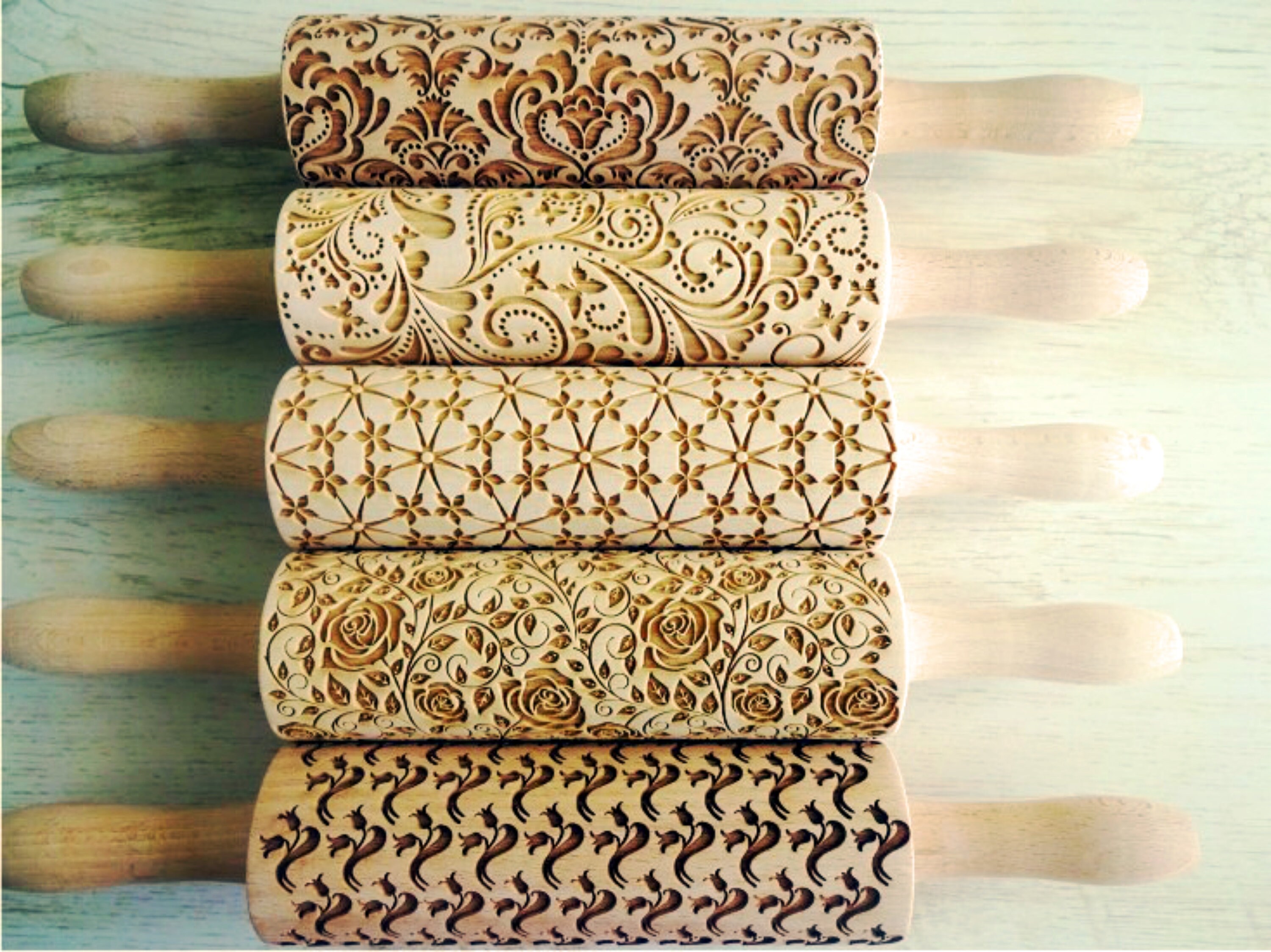 5 ANY Pattern Rolling Pin SET. Lazer Engraved Embossing | Etsy