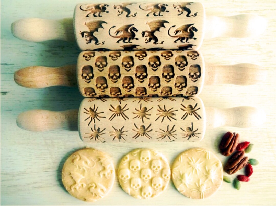Creepy Mini Embossed Rolling Pin Set, Skulls, Dragons, Spiders. Kid ...
