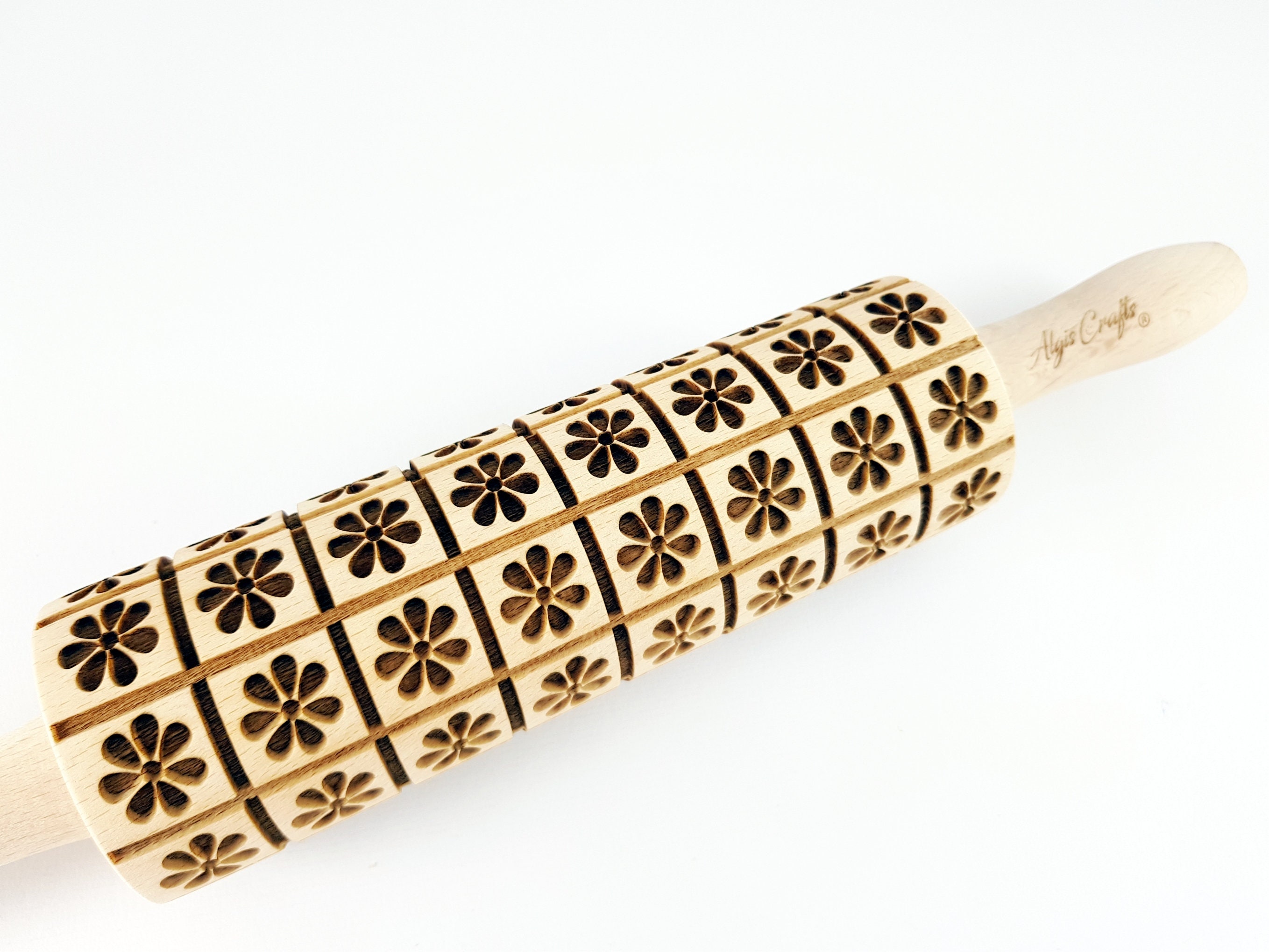 DAISY Embossed Rolling Pin. FLOWERS Pattern. Engraved Wooden Dough ...