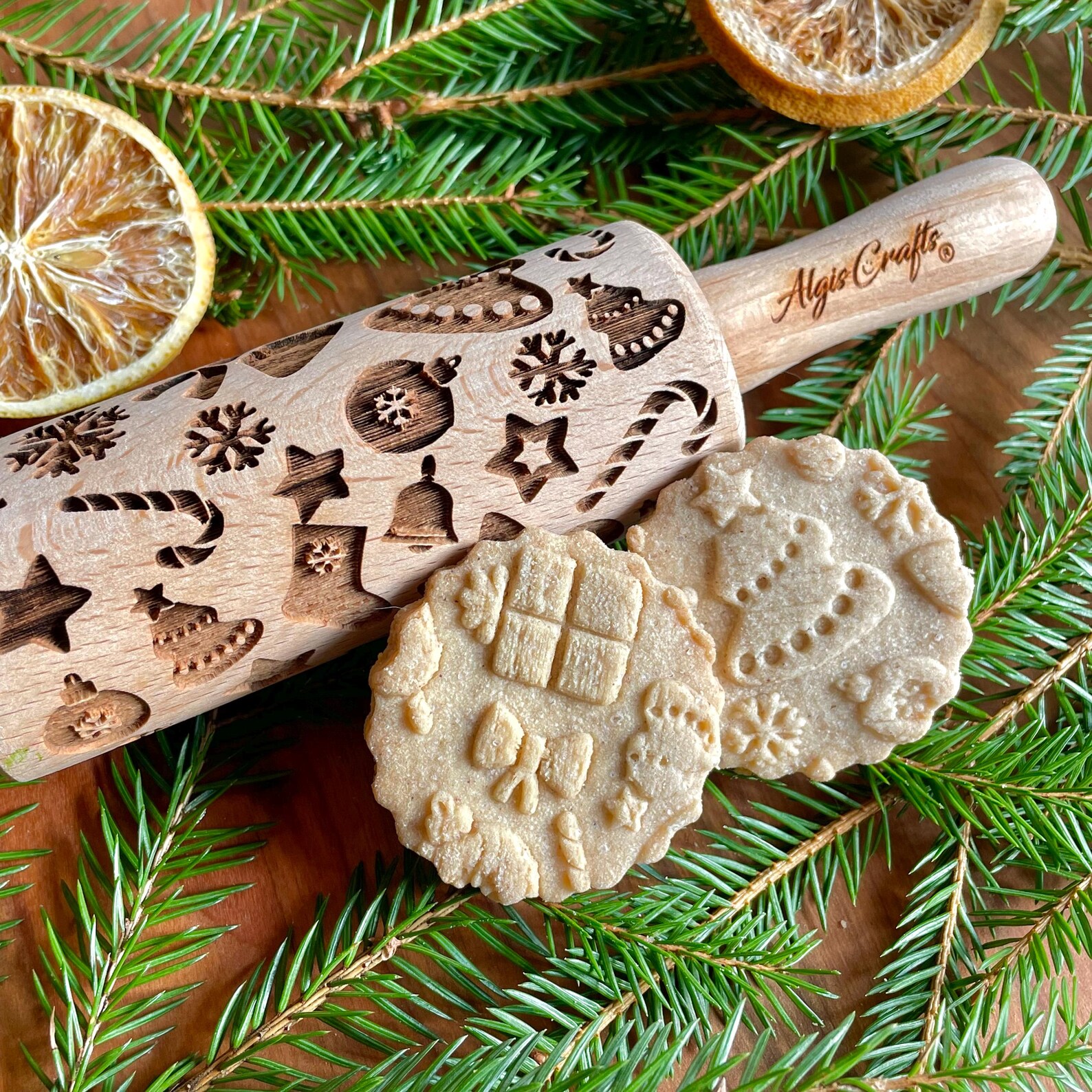 Christmas Gifts Embossing Rolling Pin, Gingerbread Cookie Design, Birch ...