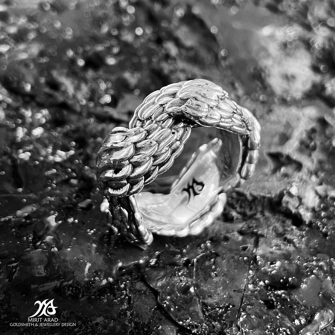 14K Solid White Gold Dome Shape Wings Ring, Oriental Style Wedding Ring ...
