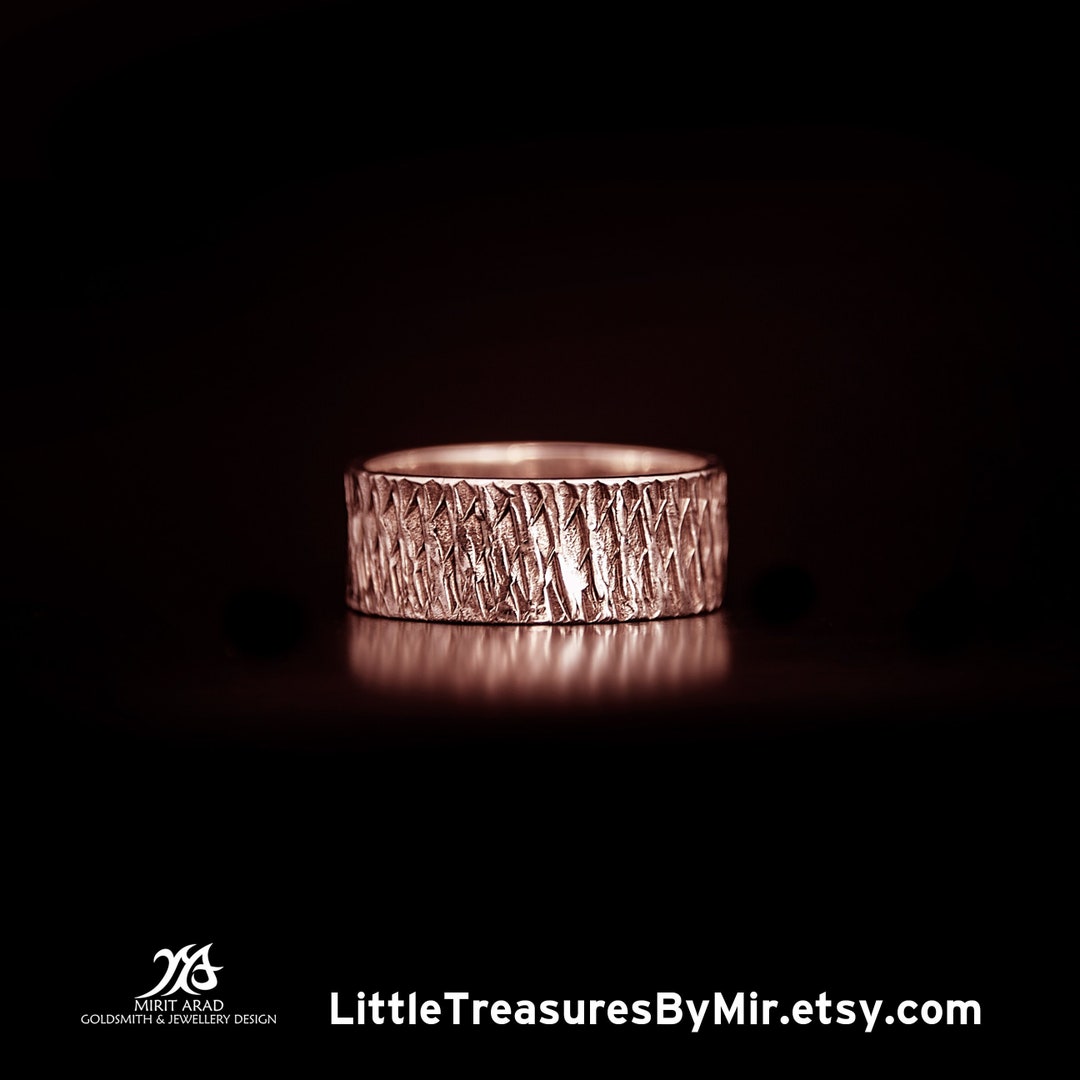 14K Solid Red Gold Wedding Ring, Rough Texture Ring, Unisex Wedding ...