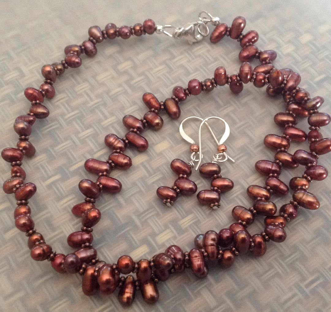 Burgundy Pearl Necklace and Earring Set. Copper Daisies, Sterling ...