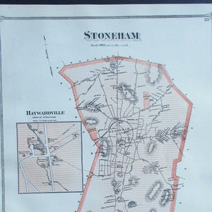 1875 Stoneham Massachusetts Town Map. Spot Pond, Railroads, Inset of ...
