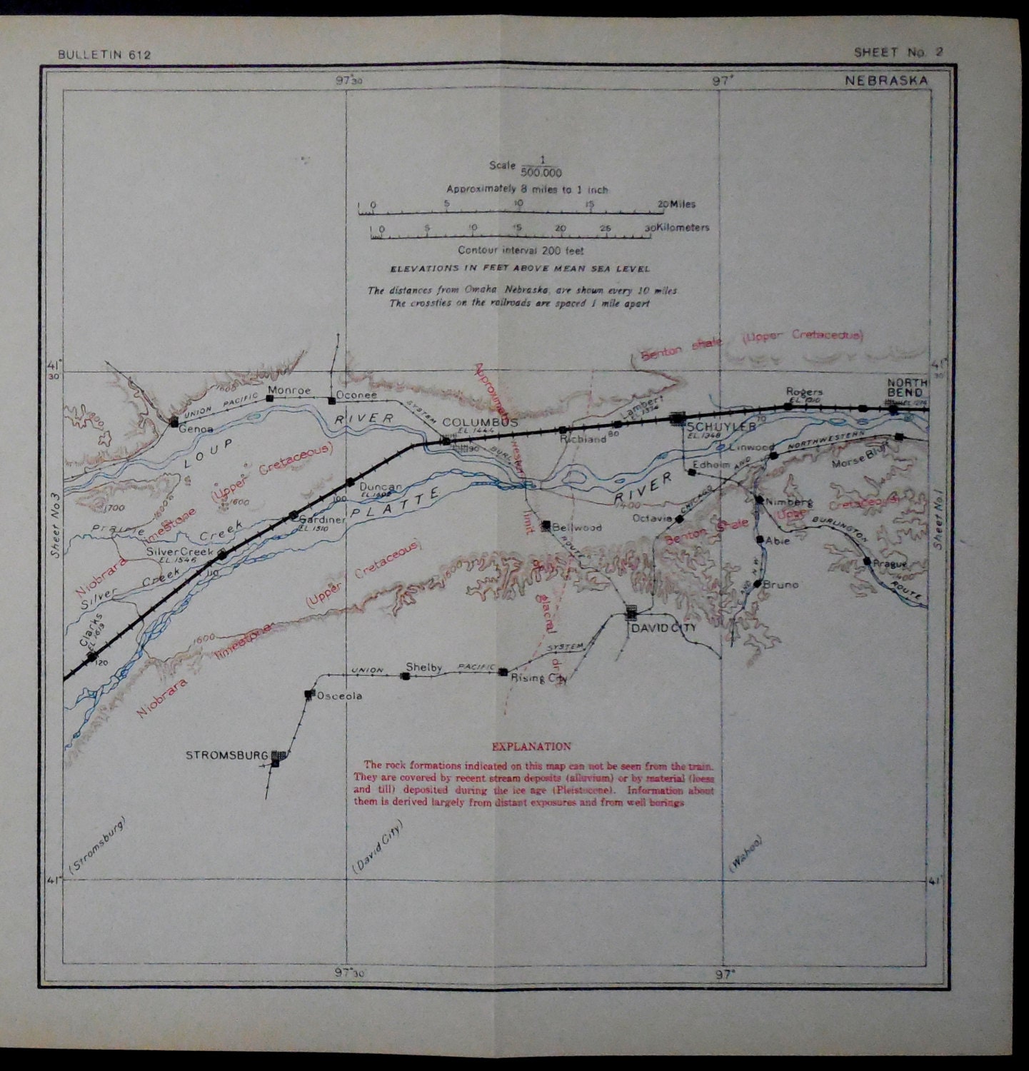 1915 Nebraska Railroad Map: North Bend, Schuyler, Columbus, Duncan ...