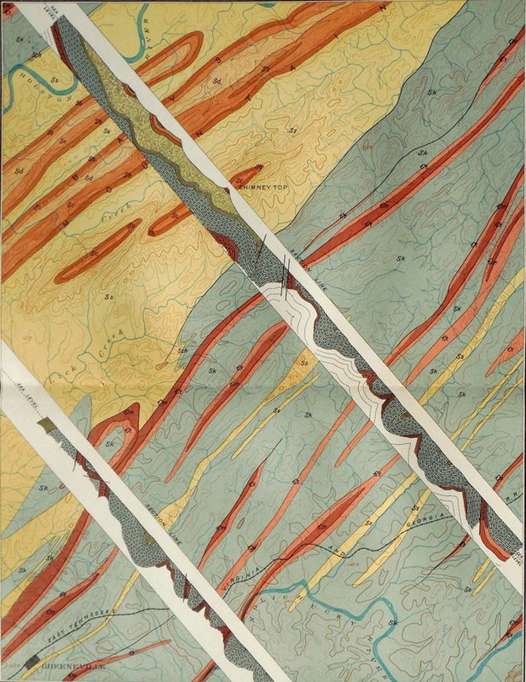 1893 Appalachian Geologic Map Showing Close Folding Near Greenville TN ...