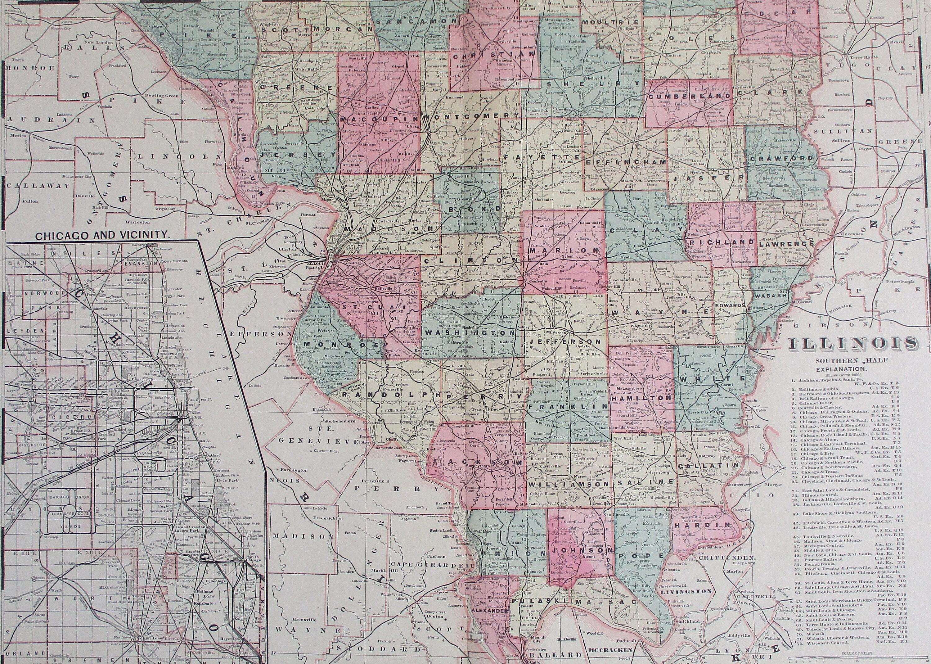 1895 Map: Illinois, Southern Half, Chicago Inset Map. Counties & Towns ...