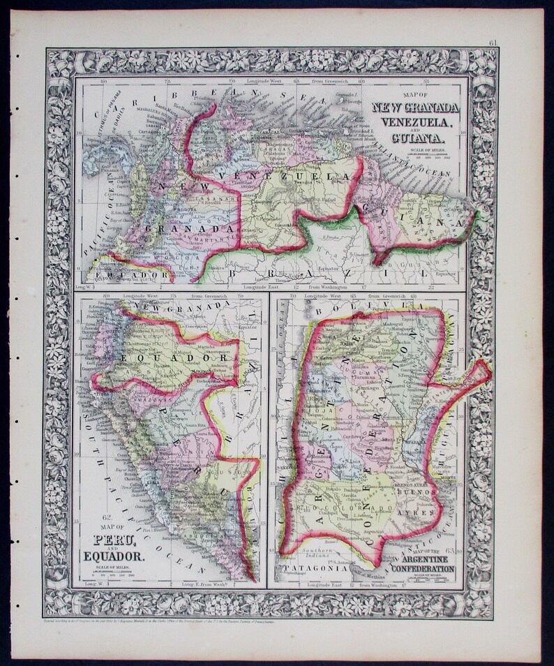 1860 Mitchell Map Venzuela Guyana Peru Ecuador, Argentine Confederation ...