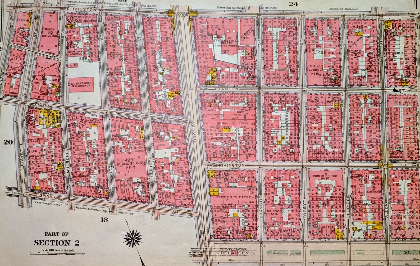 1916 Bowery Area of NYC Street Map, Lower East Side New York City From ...