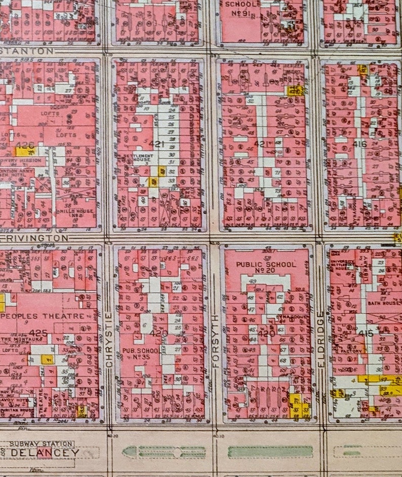 1916 Bowery Area of NYC Street Map, Lower East Side New York City From ...