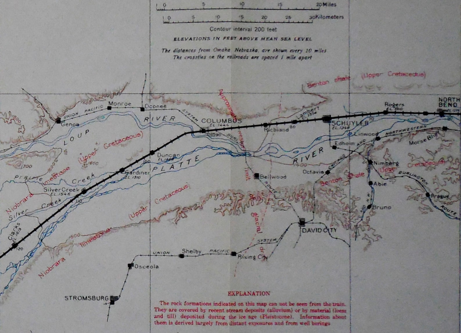1915 Nebraska Railroad Map: North Bend, Schuyler, Columbus, Duncan ...