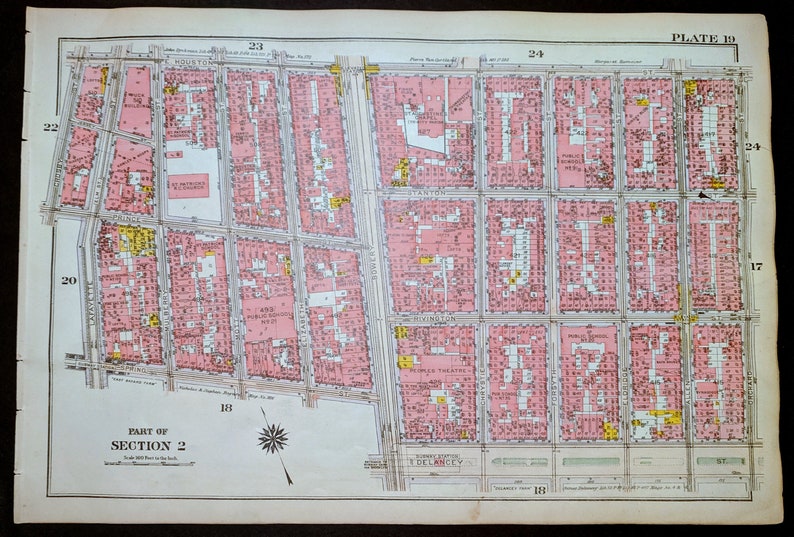 1916 Bowery Area of NYC Street Map, Lower East Side New York City From ...