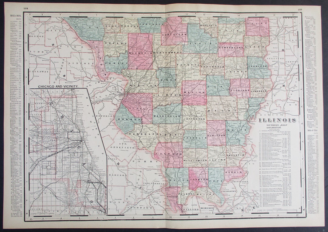 1895 Map: Illinois, Southern Half, Chicago Inset Map. Counties & Towns ...