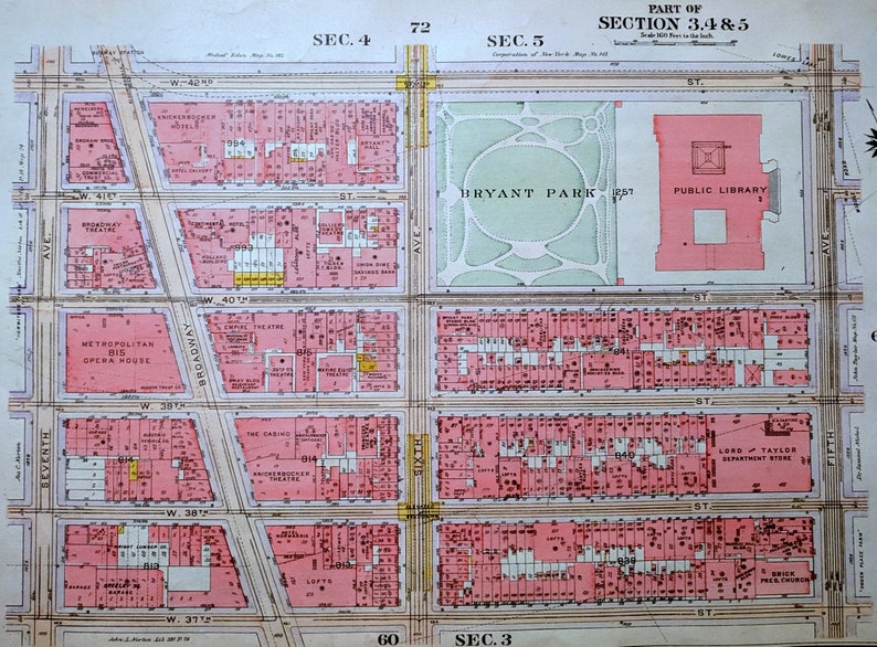 1916 Bryant Park Area Midtown Manhattan NYC Street Map. New York City ...