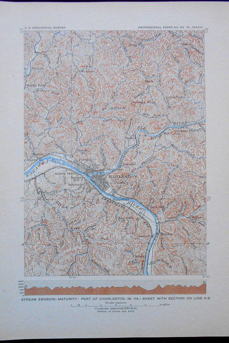 1908 Antique Map: Kanawua River, Elk River, Charleston West Virginia ...