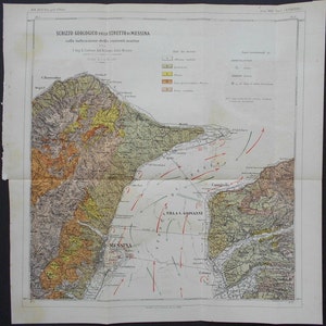1882 Map Strait of Messina Italy. Currents Geology "schizzo Geologico ...